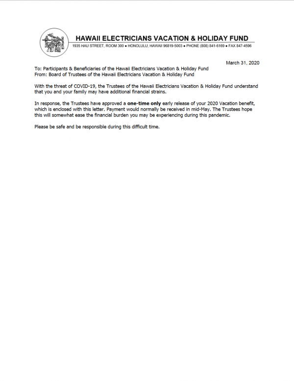 VACATION/HOLIDAY FUND UPDATE for 30 MAR 2020 - IBEW 1186