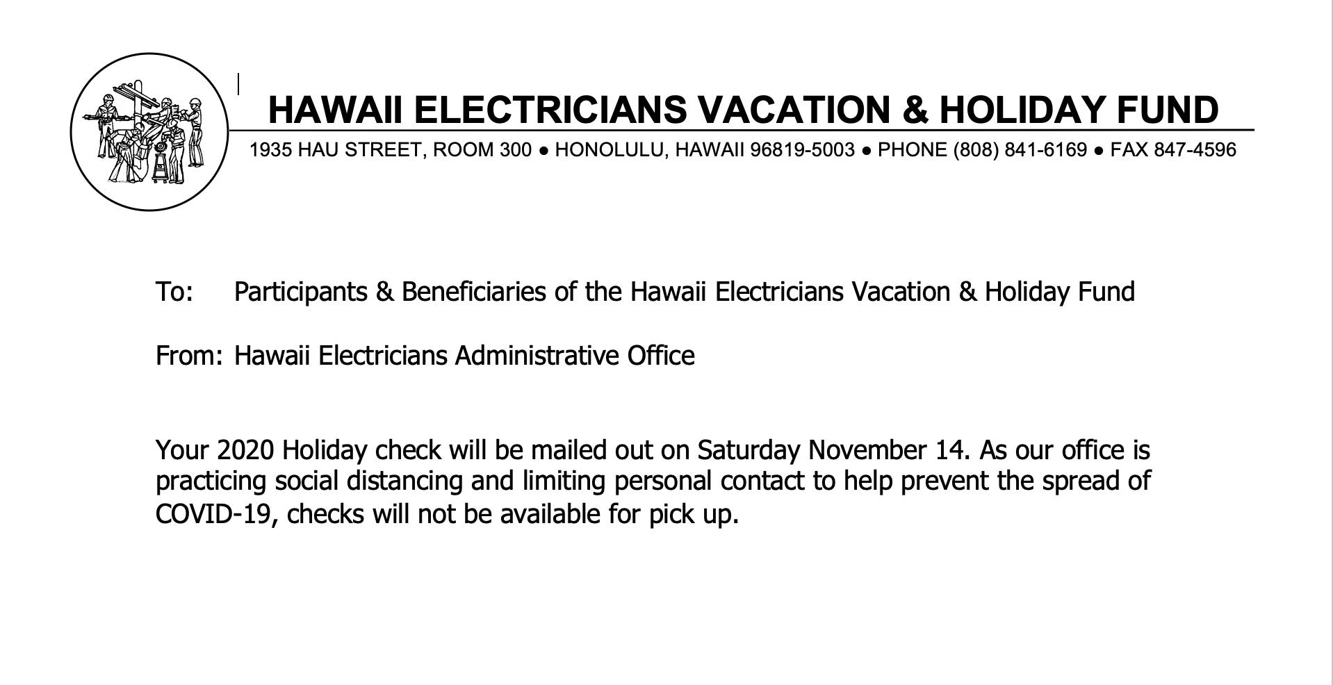 VACATION CHECKS - IBEW 1186