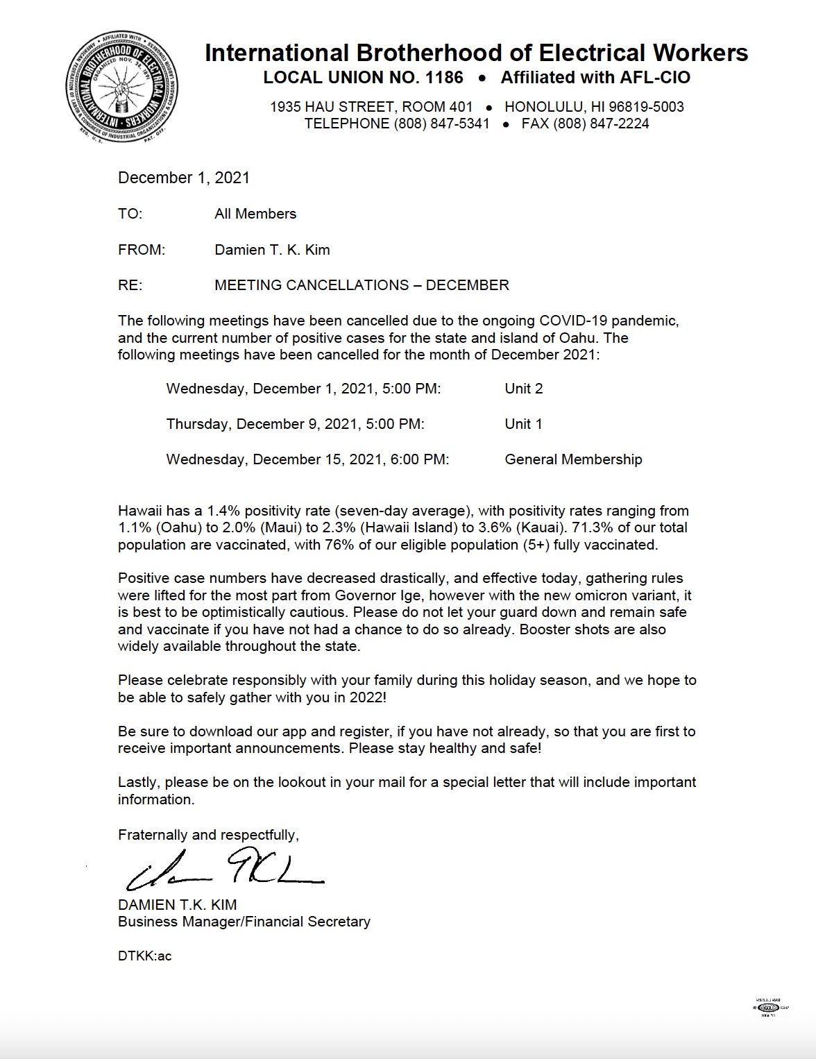 DECEMBER MEETINGS CANCELED - IBEW 1186
