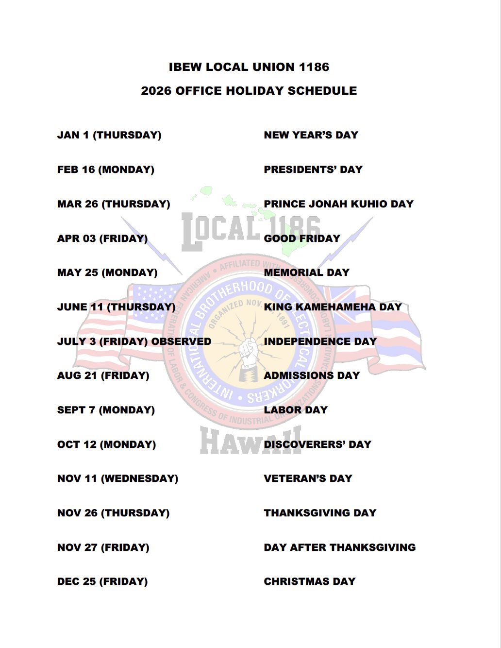 2026 HOLIDAY SCHEDULES - IBEW 1186