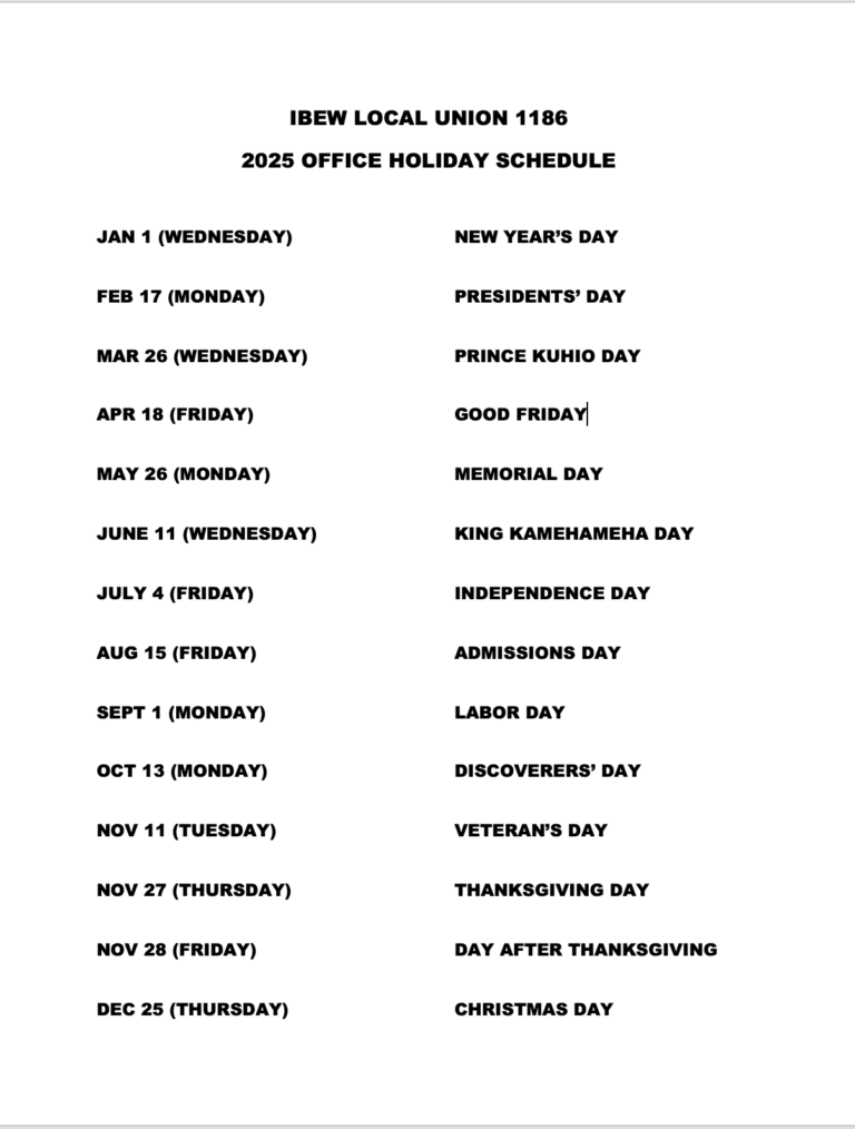 2025 HOLIDAY SCHEDULES - IBEW 1186